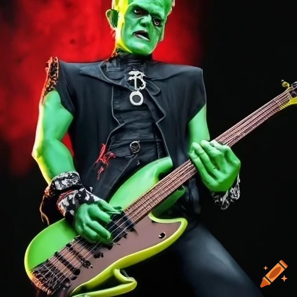 Frankenstein monster playing bass guitar with punk rock attire on Craiyon