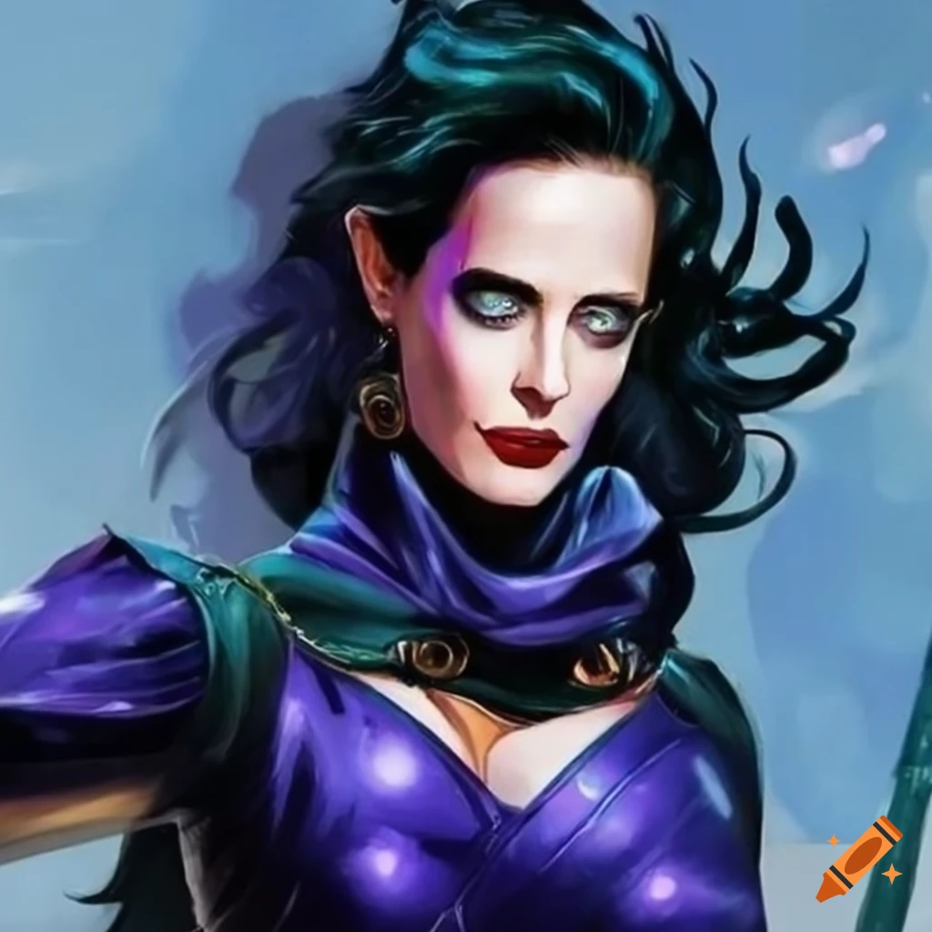 Evil lyn portrayed by eva green in simon bisley art style on Craiyon