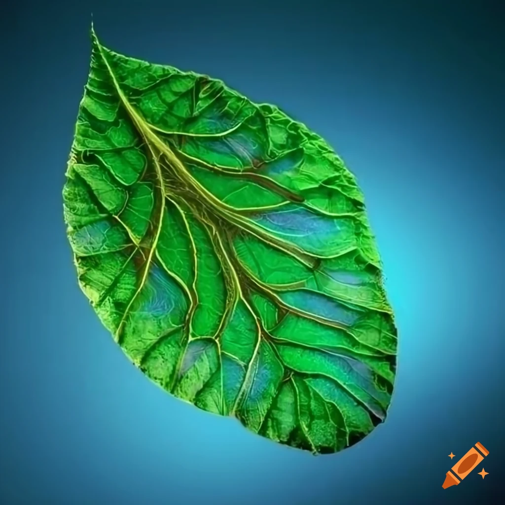 Single green leaf on monochrome blue background on Craiyon