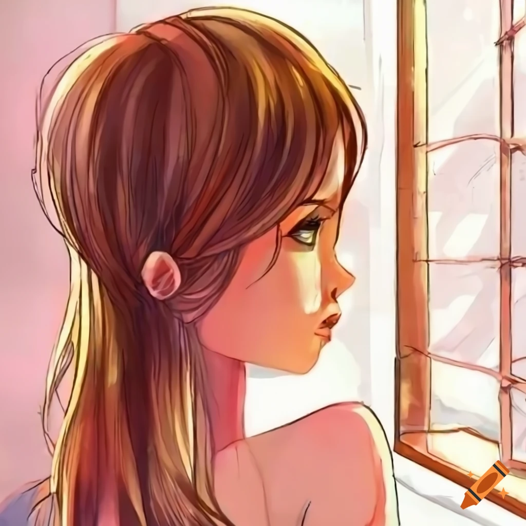 A woman looking out a window while seated at a table on Craiyon