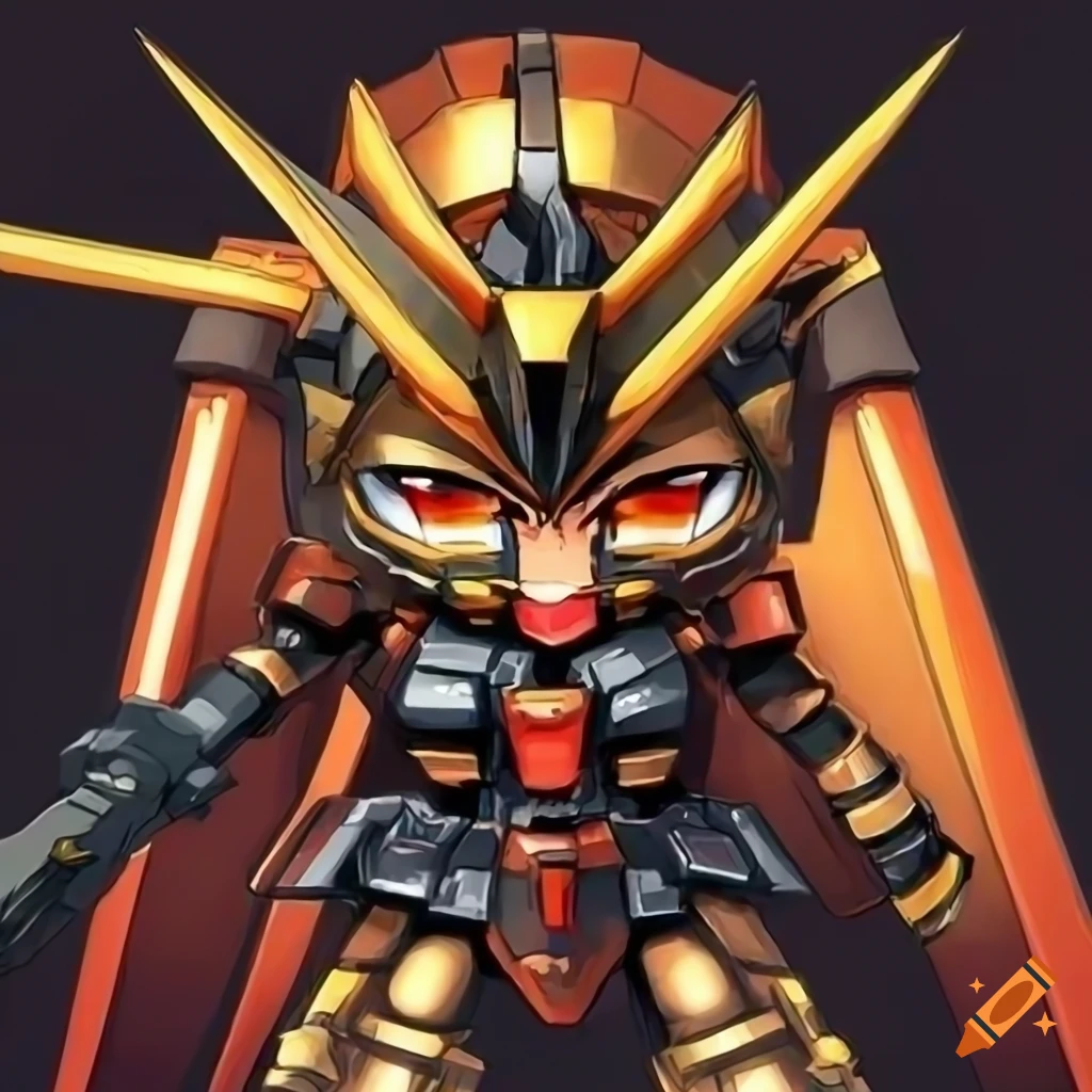 Chibi gundam robot with orange and black metallic armor on Craiyon