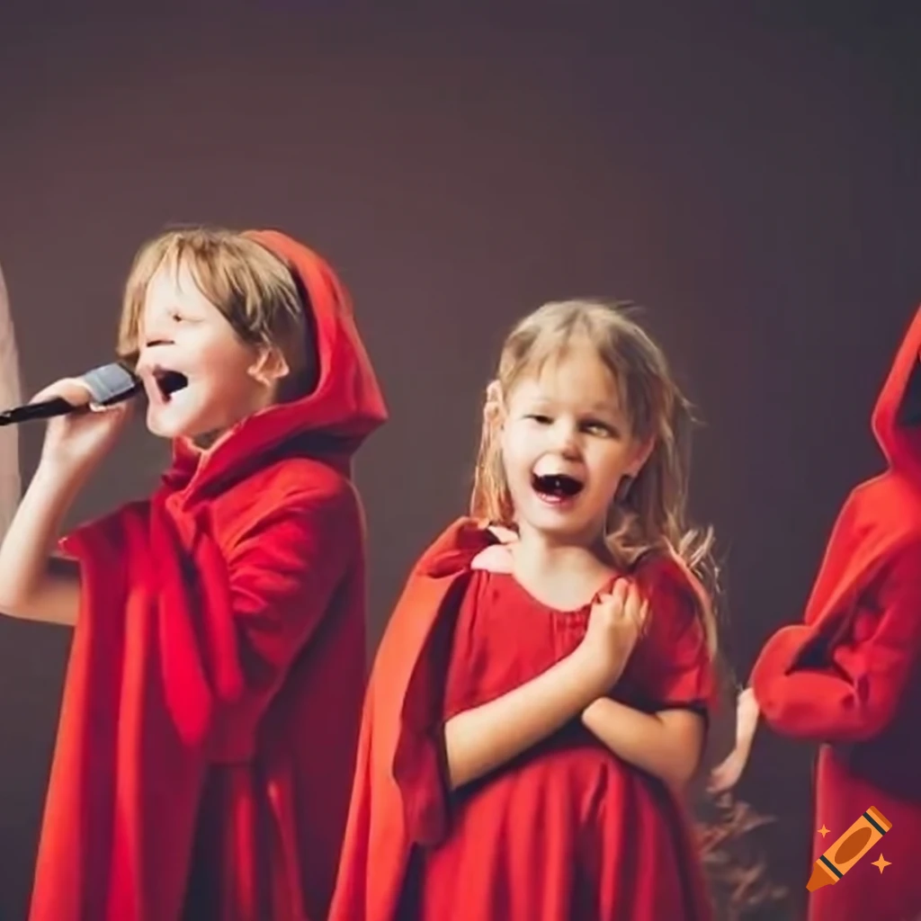 Children in red cloaks singing happily in a musical on Craiyon