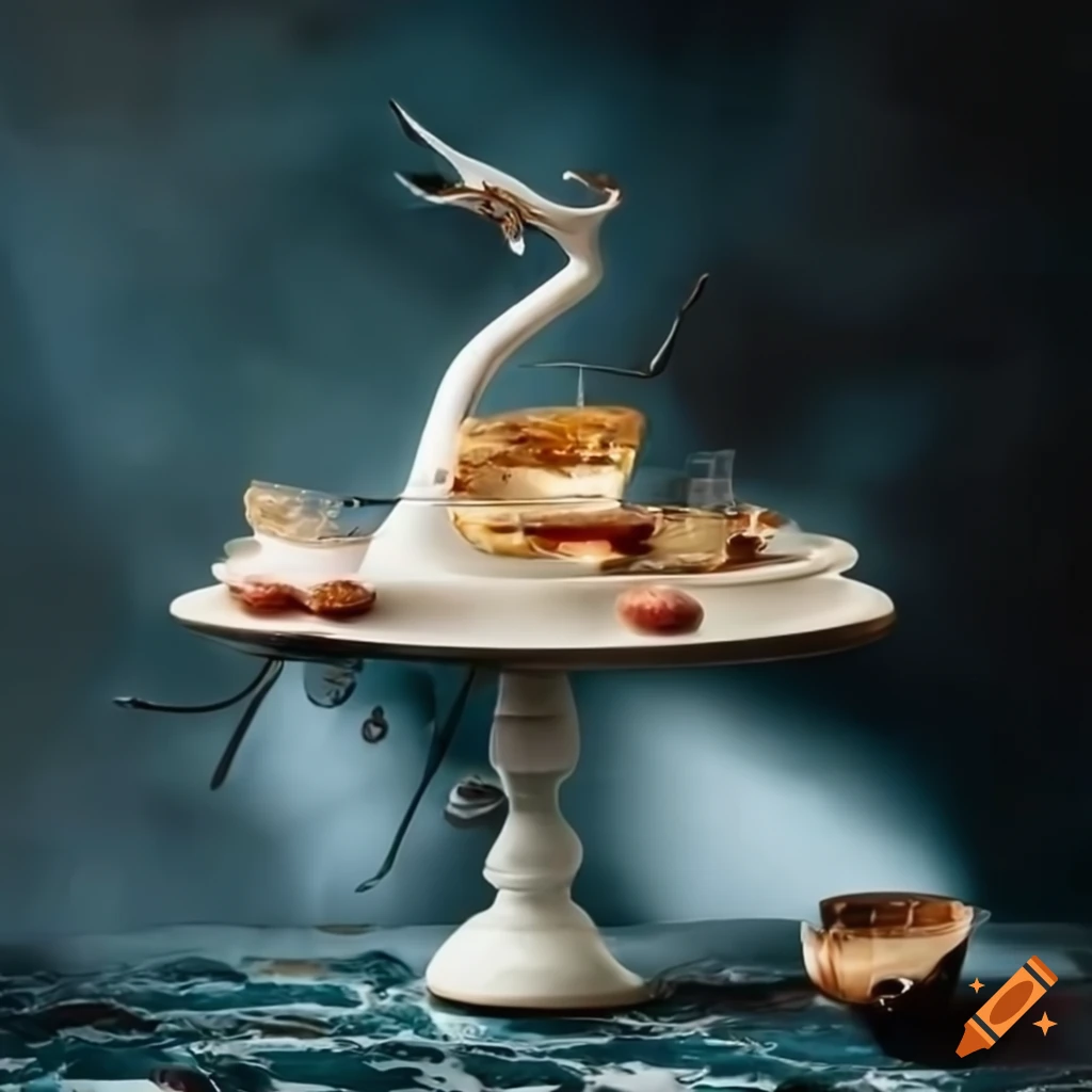 Surrealistic pastries and desserts on a table with wine glasses on Craiyon