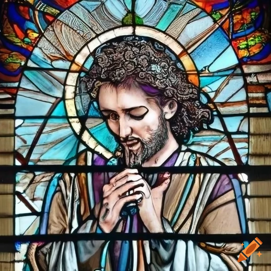 Stained glass window with punk musician religious imagery on Craiyon