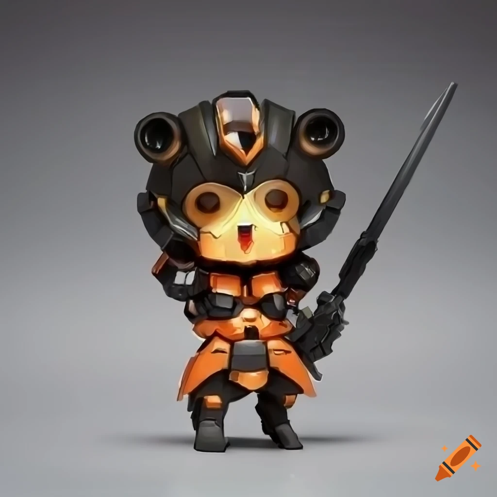 Chibi black and orange gundam robot with metallic armor on Craiyon
