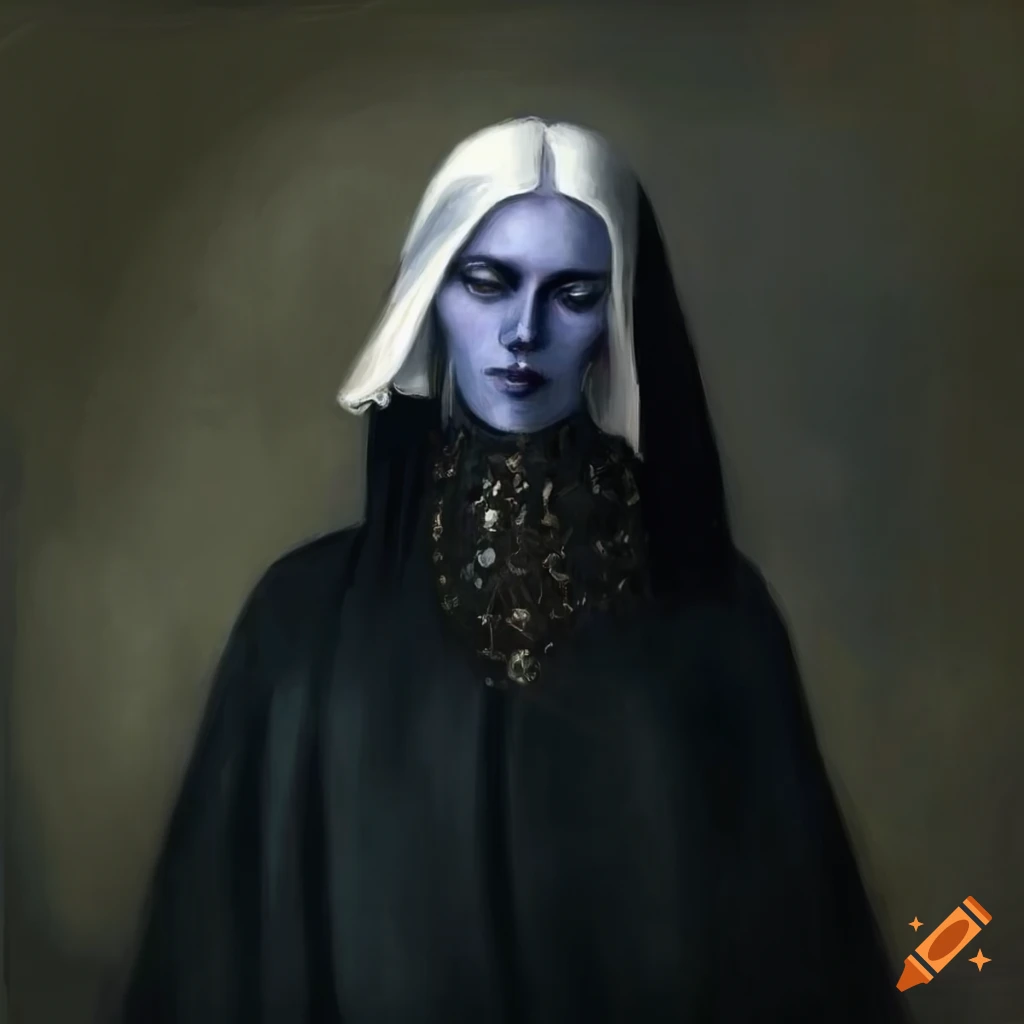 Painting of a female drow in a black dress on Craiyon