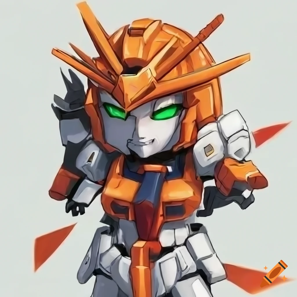 Chibi gundam robot with black, orange, and white armor on Craiyon