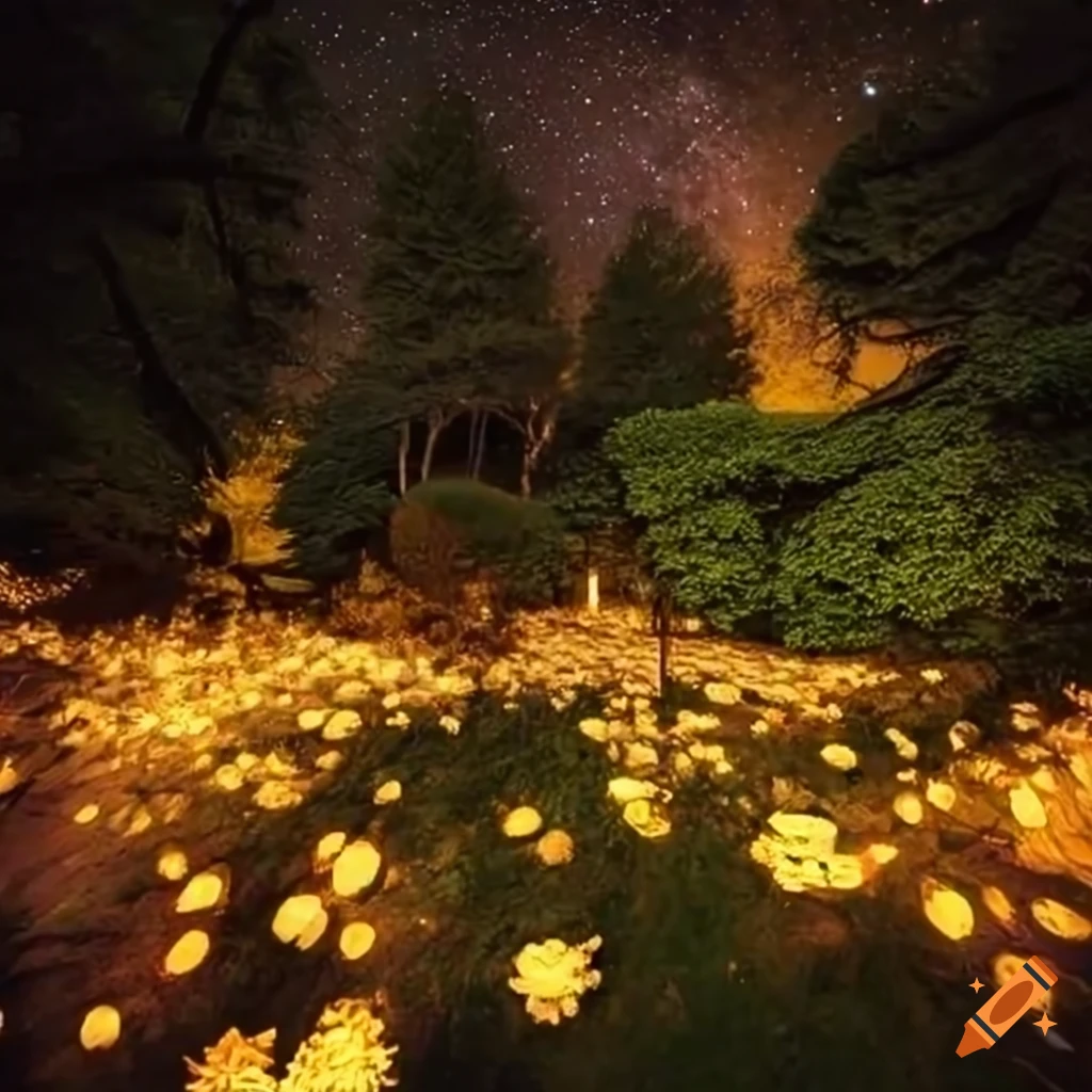 Garden with glowing flowers under a star-filled sky