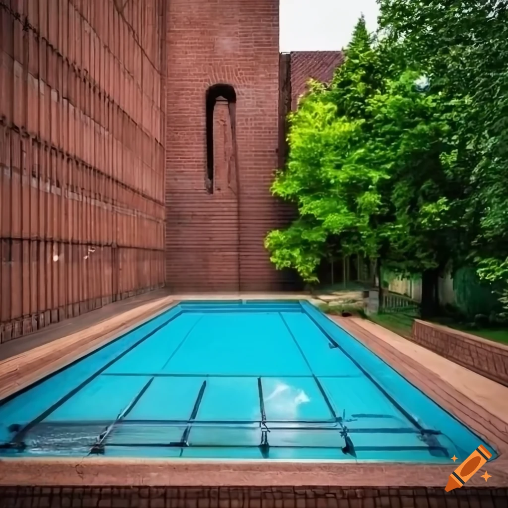Swimming pool surrounded by high wall with building and trees on Craiyon