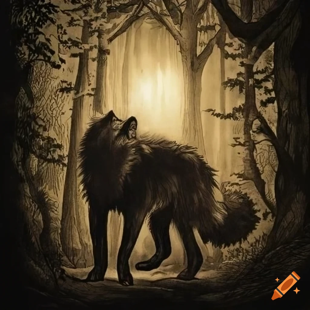 Etching of a black wolf in a forest