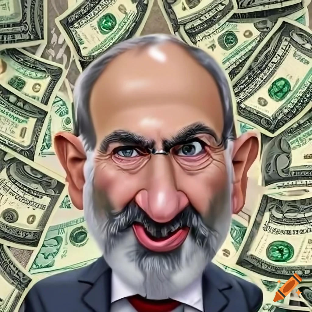 Caricature of nikol pashinyan surrounded by cash dollar bills on Craiyon