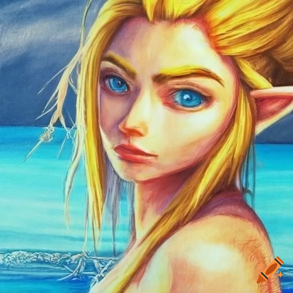 Colored pencil drawing of zelda at the beach