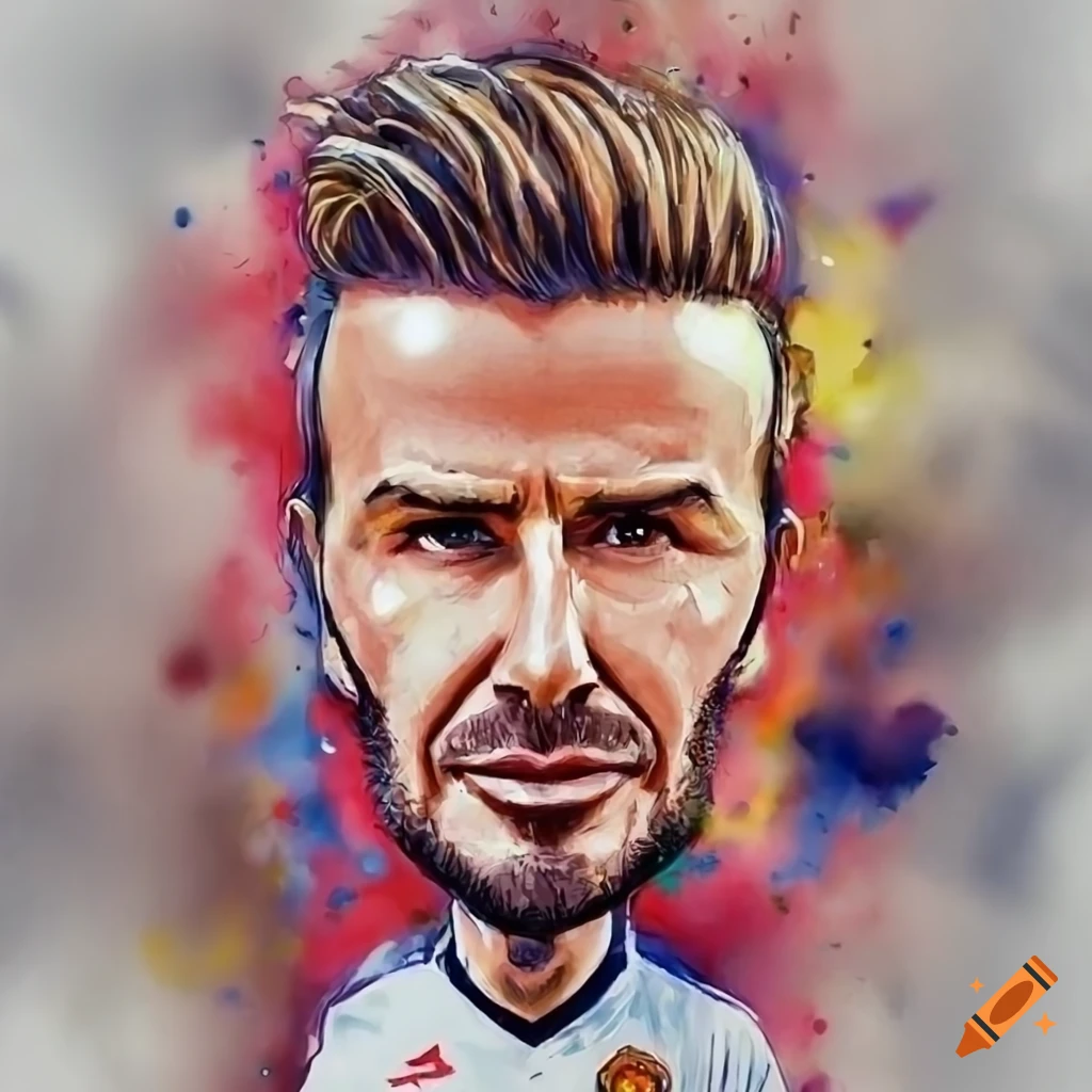Chibi watercolor caricature of David Beckham in Manchester United kit ...