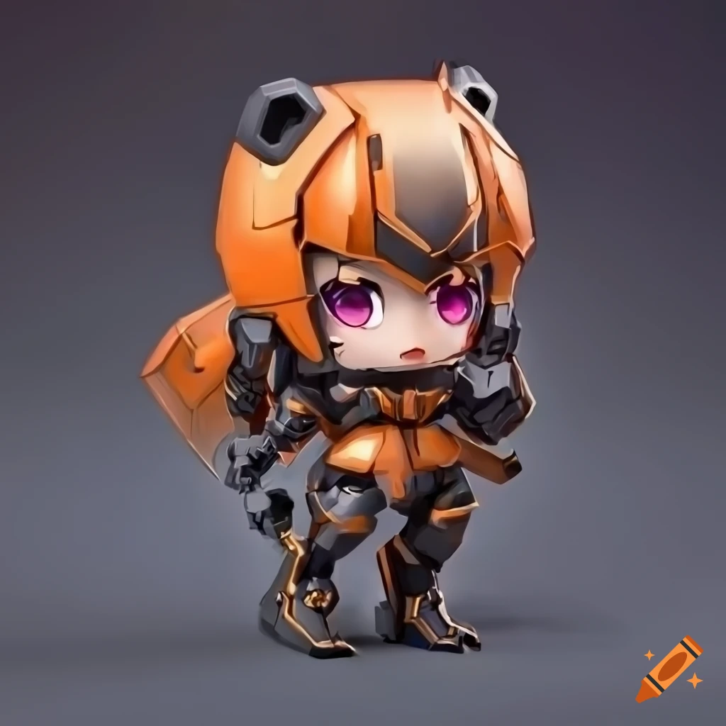Chibi tanuki-themed female robot with black and orange armor