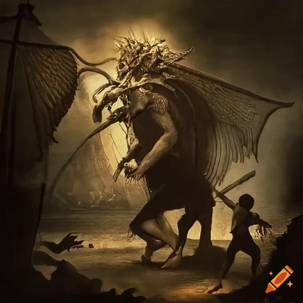 Illustration of men capturing mythical creatures