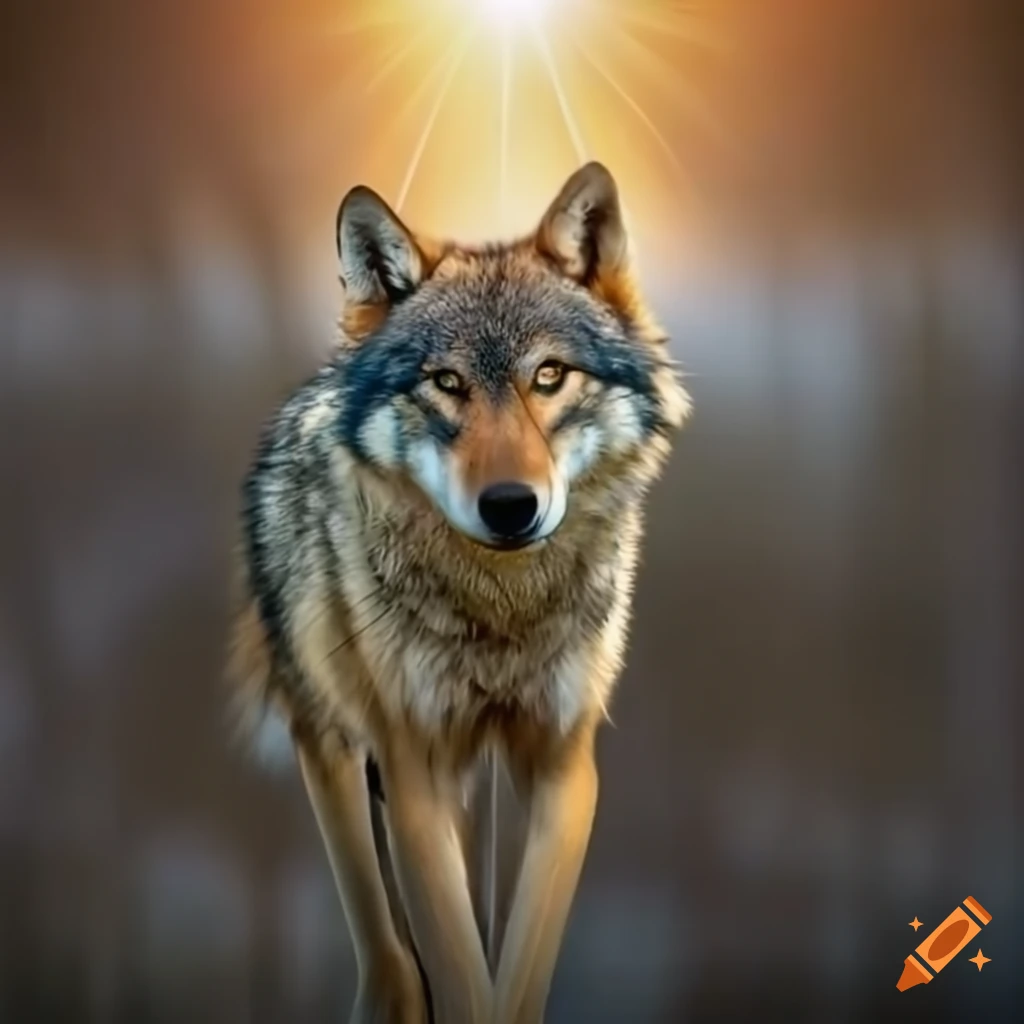 Floating wolf with sunrays in the background
