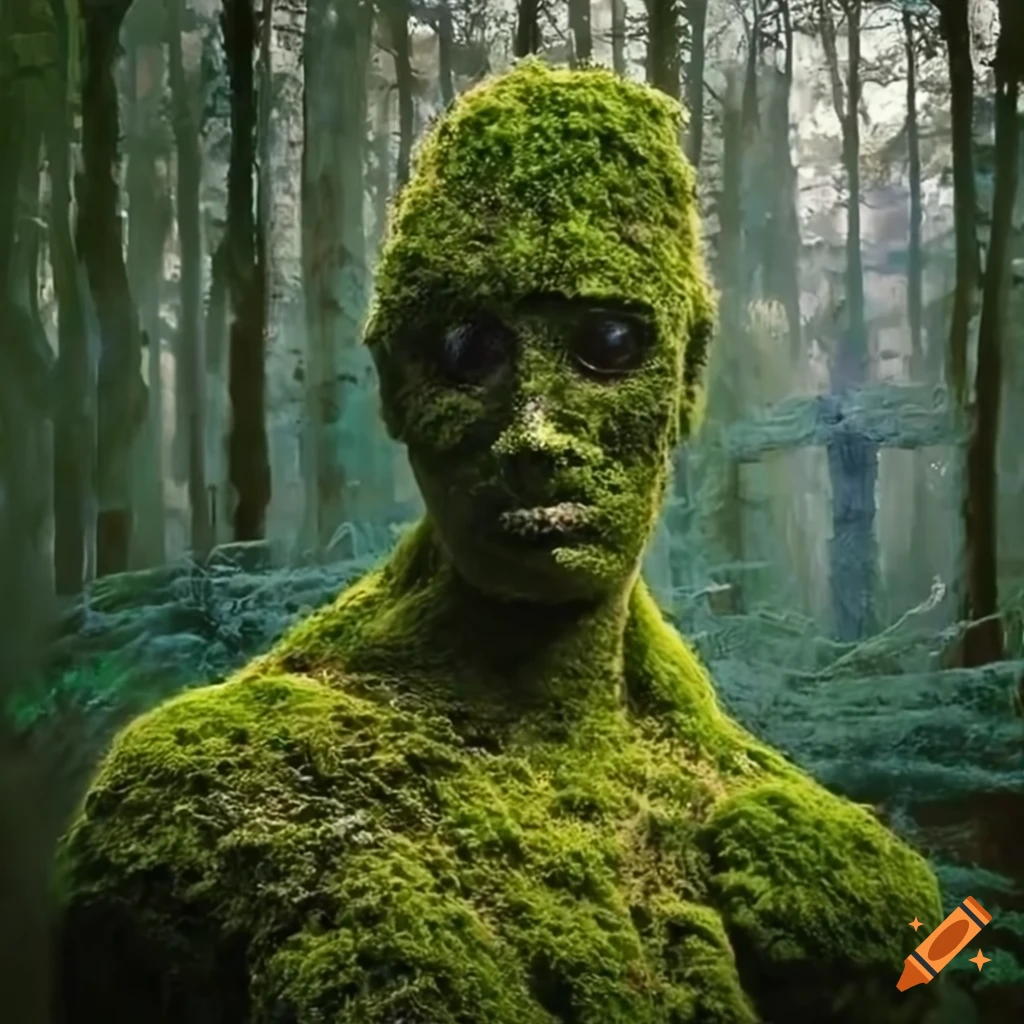 Glowing biopunk cityscape with moss, plants, mushrooms, and cyborg ...