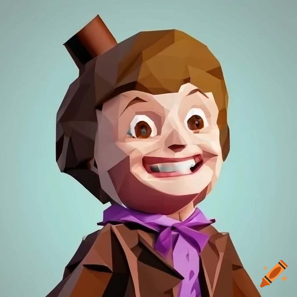 Low poly depiction of a happy boy in a chocolate factory