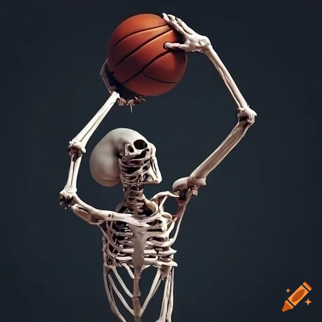 Humorous image of a skeleton playing basketball on Craiyon