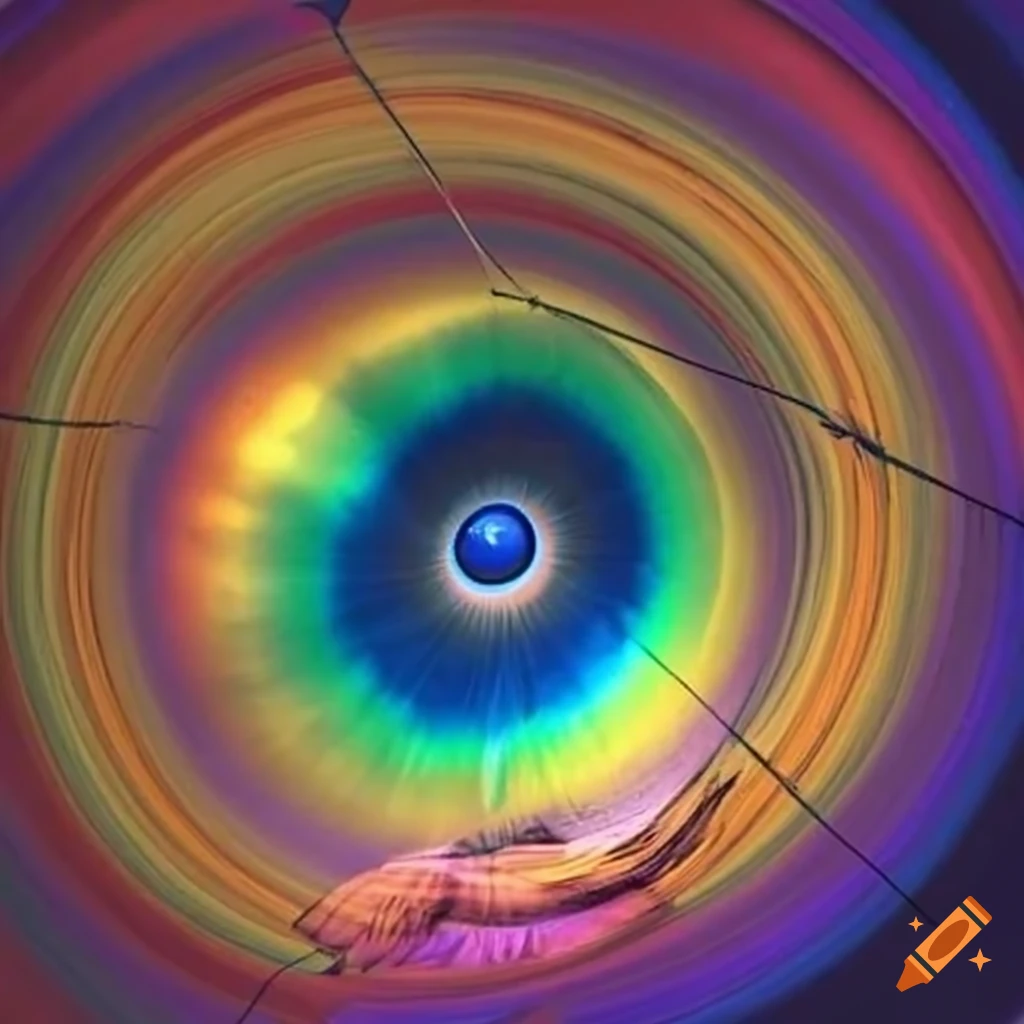 Colorful fantasy artwork with a floating eye inside a pyramid on Craiyon