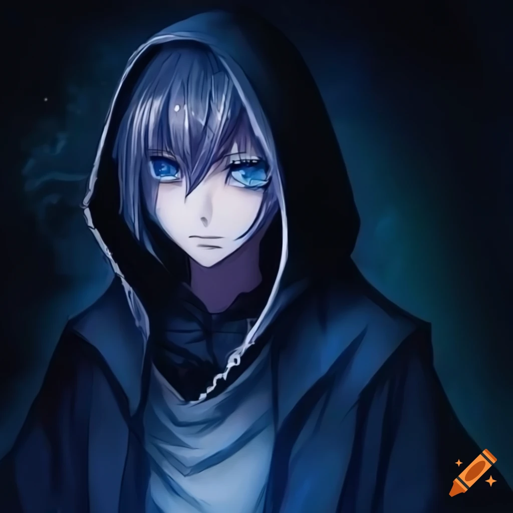 Anime boy with striking hair and blue eyes in a dark cloak