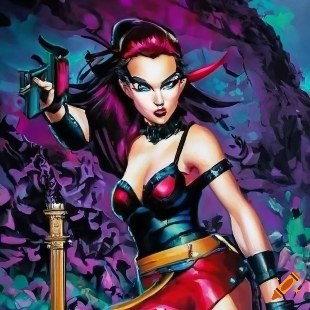 Character artwork of evil lyn in simon bisley style on Craiyon