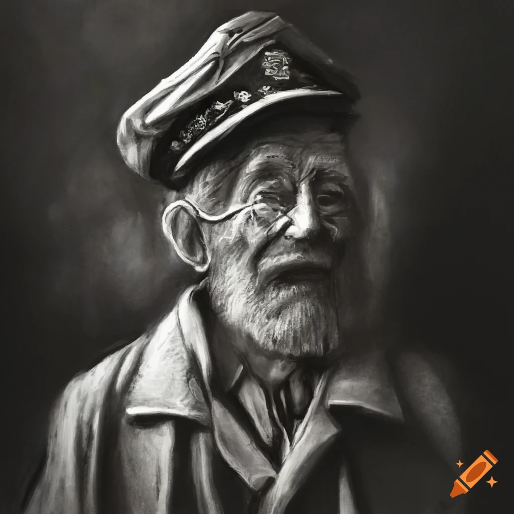 Charcoal drawing of a cheerful boat captain on Craiyon