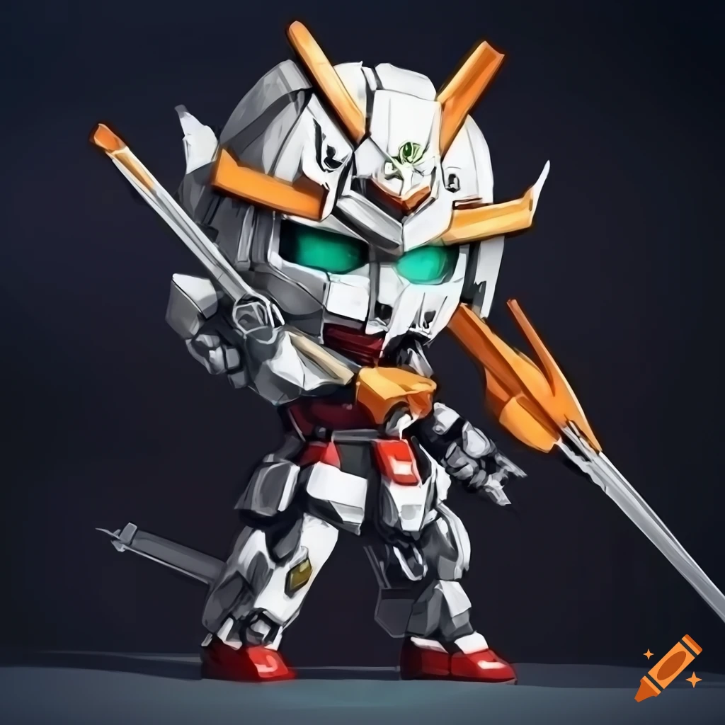 Chibi gundam robot with black, orange, white, and grey colors on Craiyon