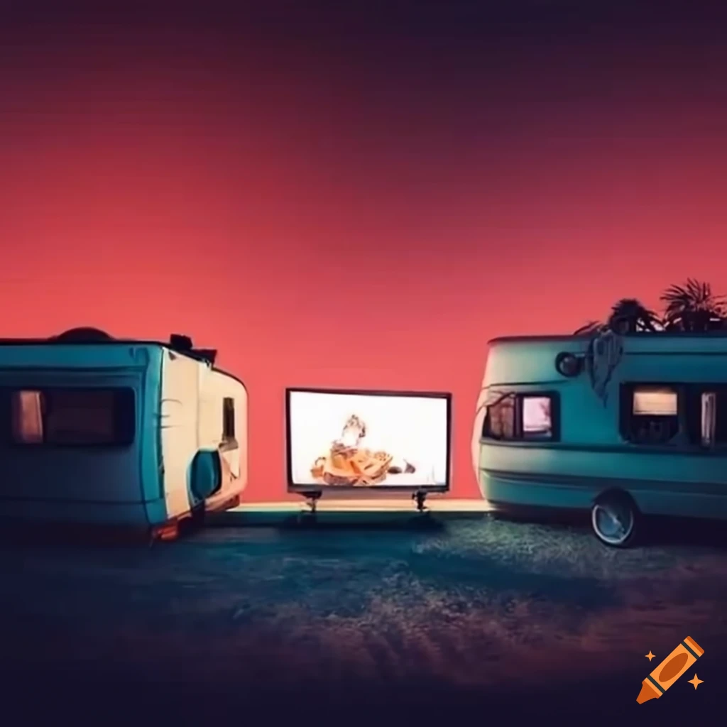 Caravan-turned-cinema playing movies on an island on Craiyon