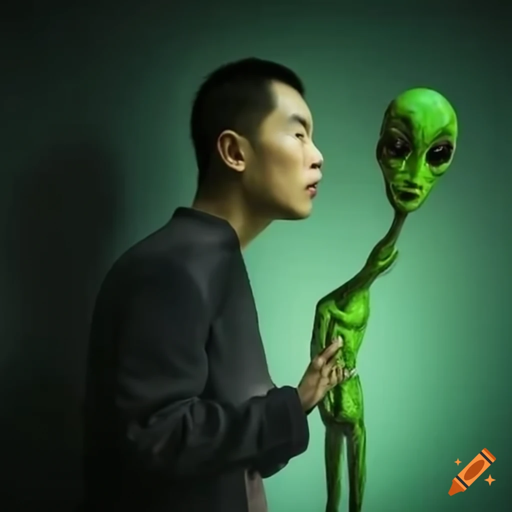 Humorous image of a Chinese man shaking hands with a green alien on Craiyon