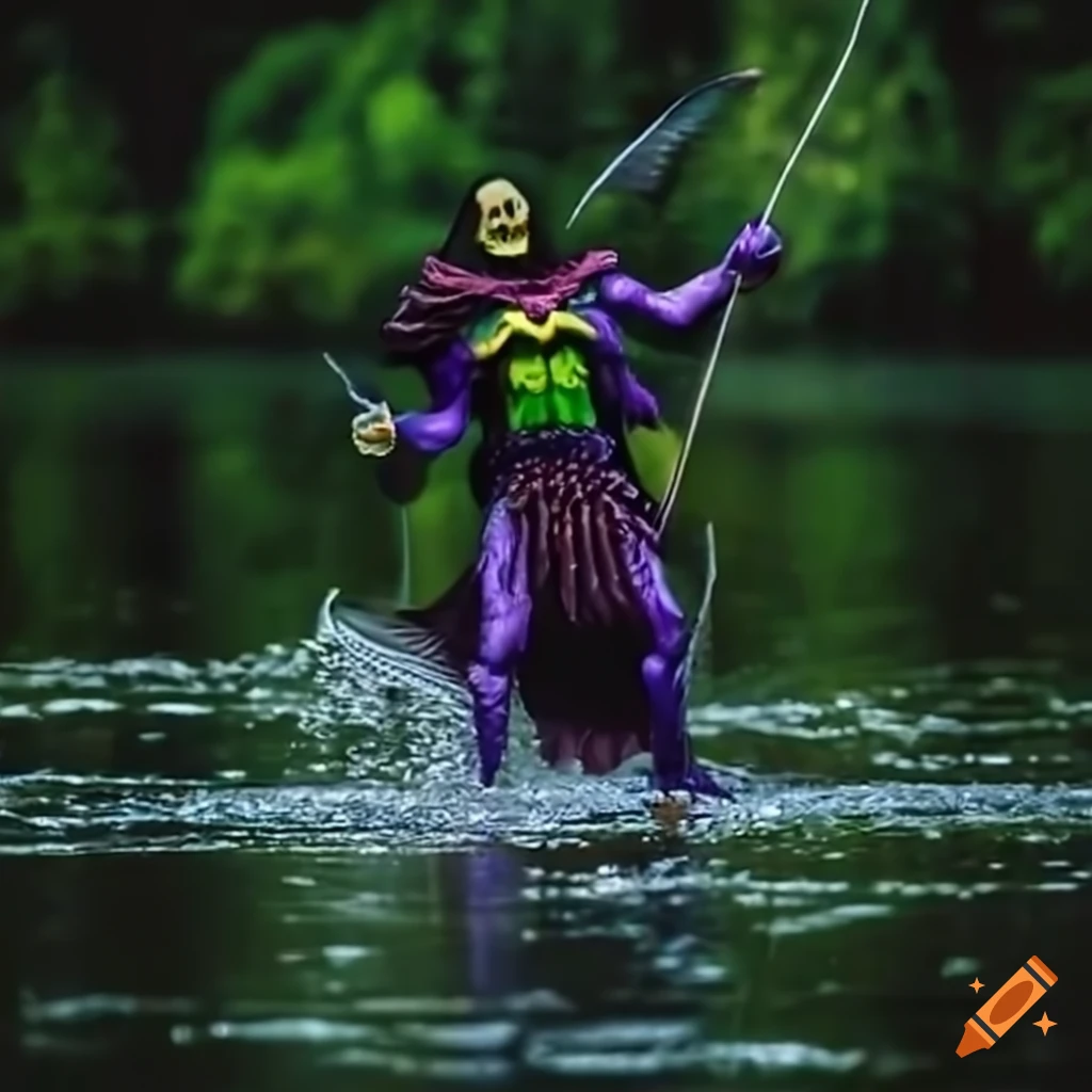 Cartoon illustration of evil skeletor fishing in a spooky lake
