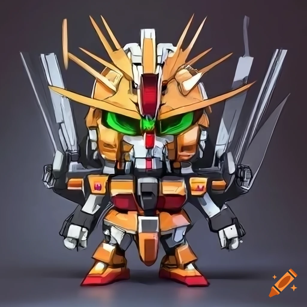 Chibi gundam robot with orange and white armor