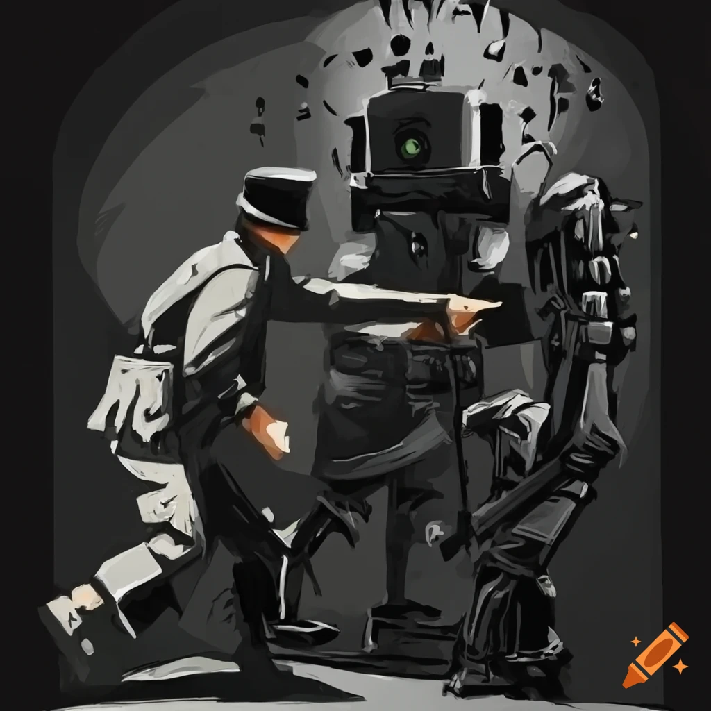 Illustration of german soldiers battling a robot golem