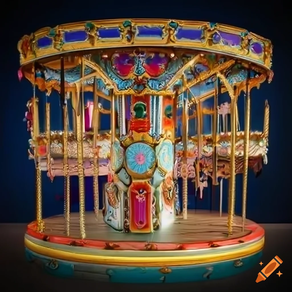 Photorealistic depiction of a colorful merry-go-round with flowers