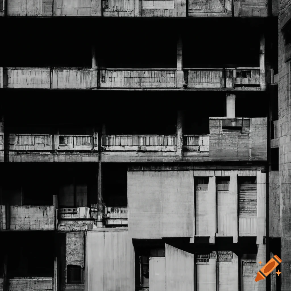 Monochrome photograph of a brutalist industrial building interior on ...