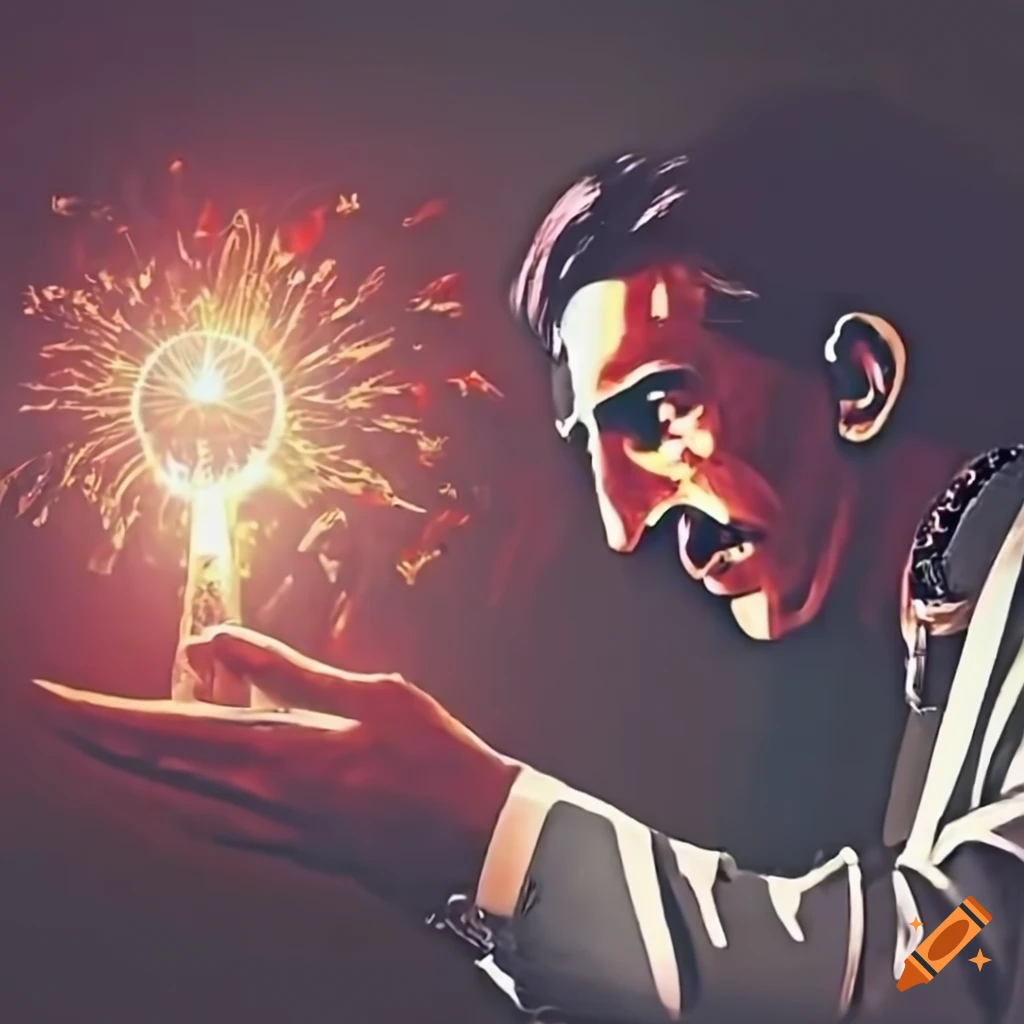 Nikola tesla conducting an electrical experiment on Craiyon