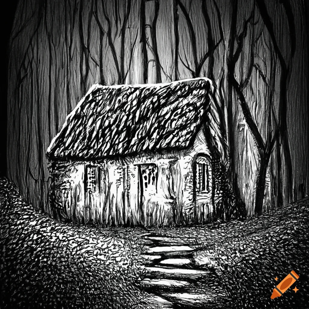 Pencil drawing of a night cottage with surrounding path and trees