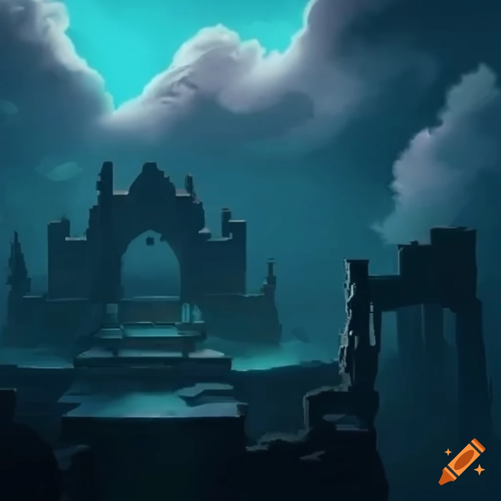 2d game scenery with ruins and light shining through clouds