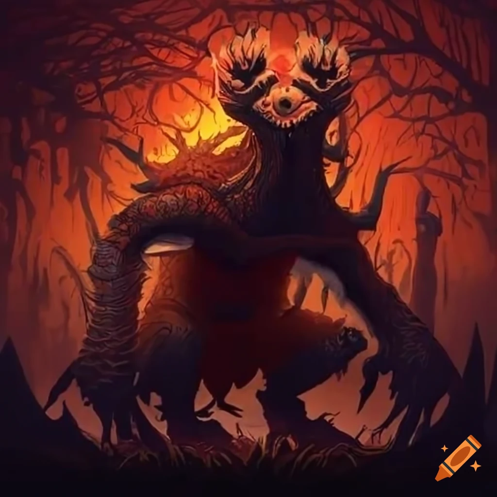 Brave knight battling a two-headed creature in a red swamp on Craiyon