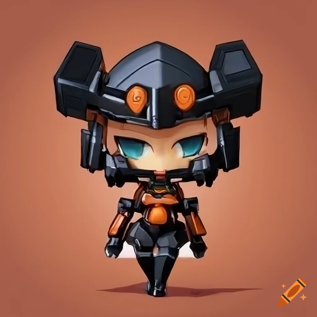 Chibi gundam robot with black and orange metallic armor