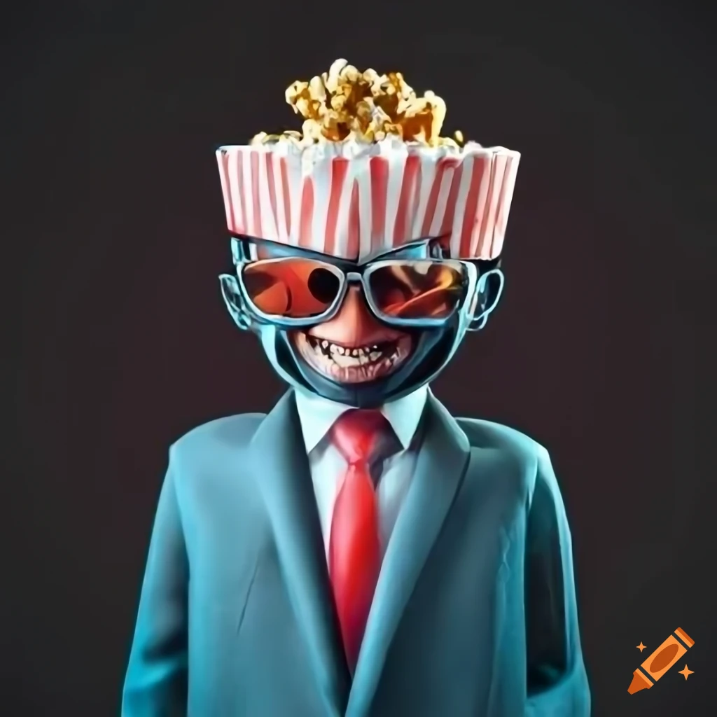 Man with a head made of popcorn wearing a business suit, golden ...