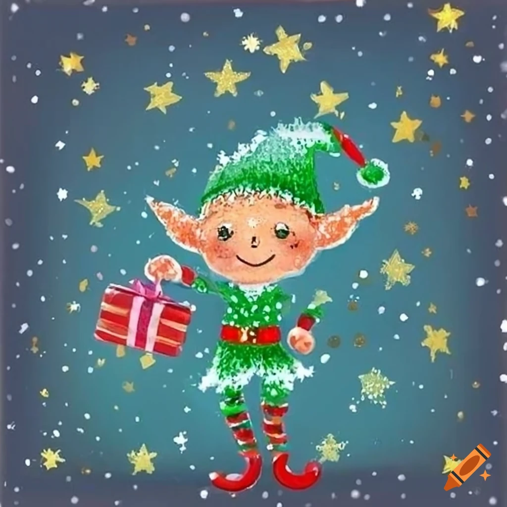 Christmas elves with presents and glitter stars on Craiyon