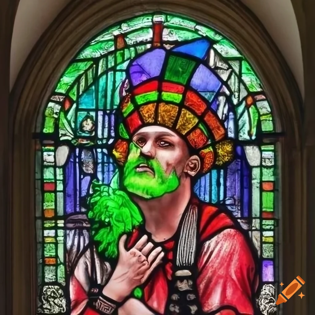 Stained glass window with punk musician on Craiyon