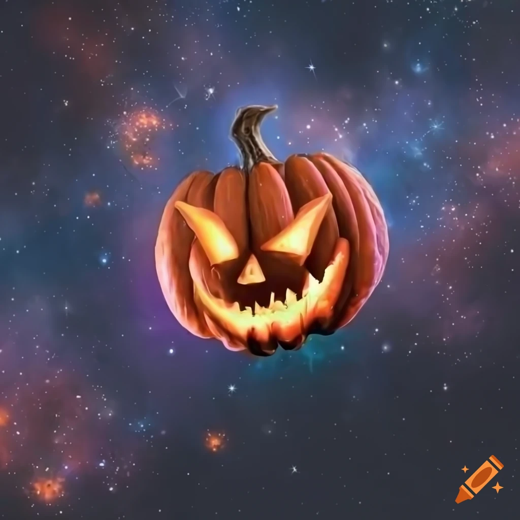 Halloween-themed artwork of a flying pumpkin in space on Craiyon