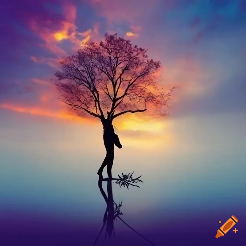 Tree reaching the sky with a solitary person sitting underneath on Craiyon