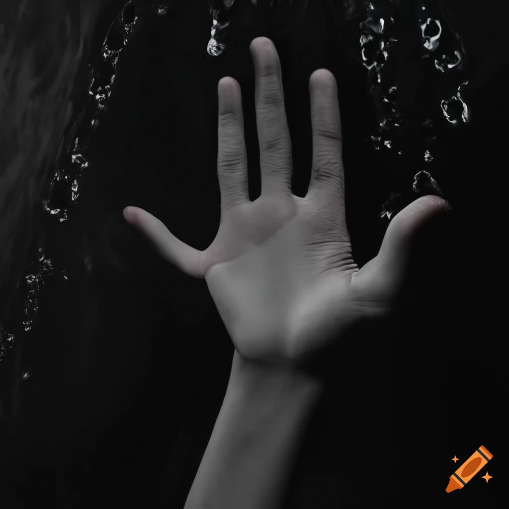 Hands reaching through water in darkness on Craiyon