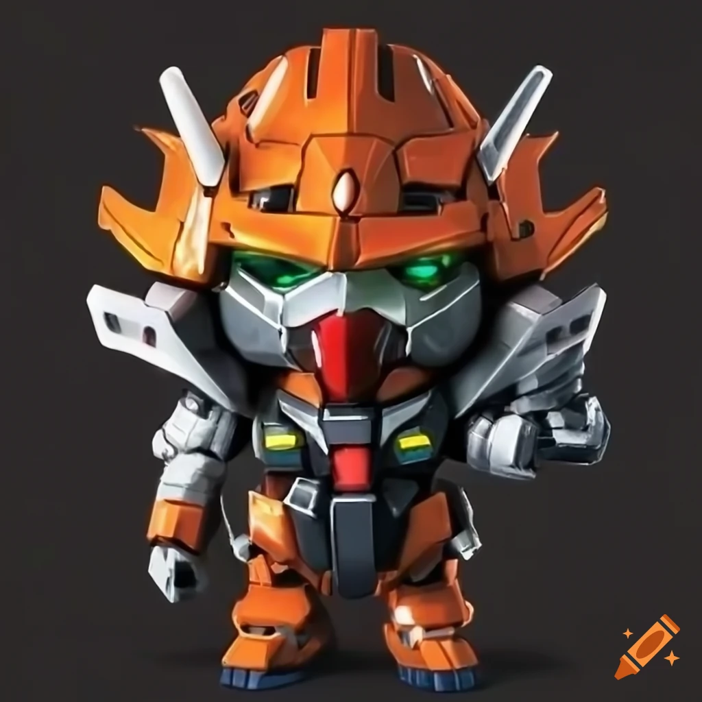 Chibi gundam robot in black and orange colors on Craiyon