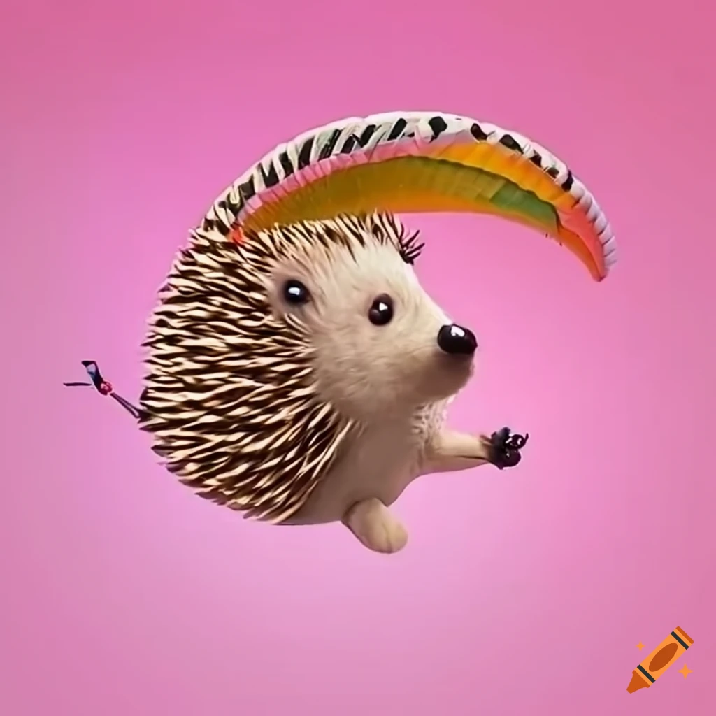 Hedgehog paragliding in the sky