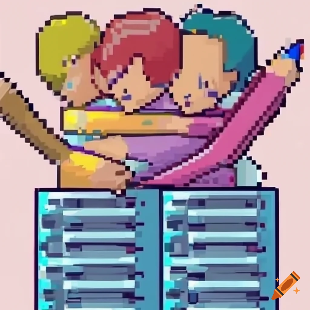 Pixelated girl hugging computer in charming pastel colors on Craiyon