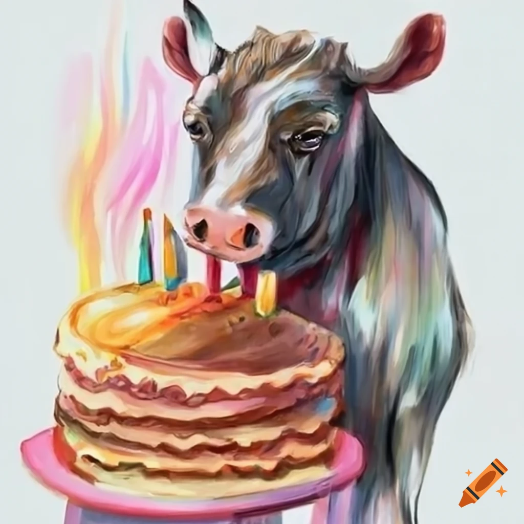 Cow enjoying a birthday cake